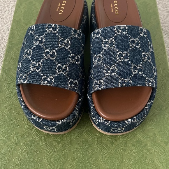 Gucci | Shoes | Gucci Blue Monogram Denim Slides | Poshmark